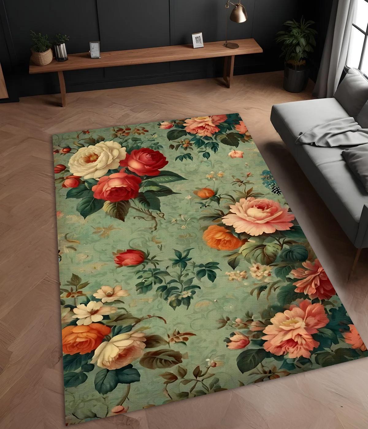Vintage-style Floral Rug - Rustic Botanical Area Carpet Shabby Chic ...