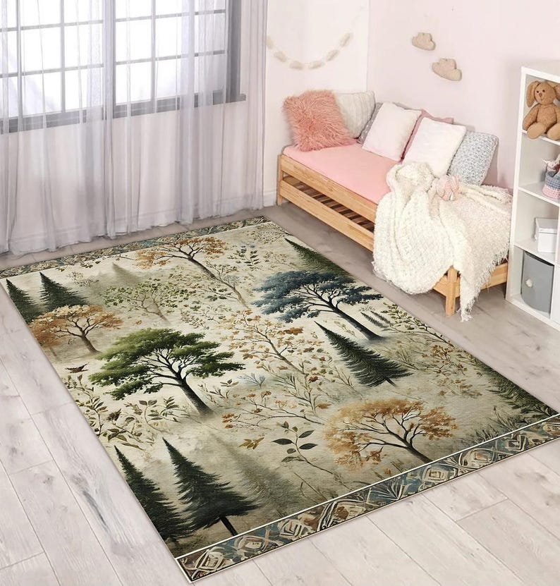 Woodland Area Rug: Rustic Forest Tree Print, Vintage Style - Etsy