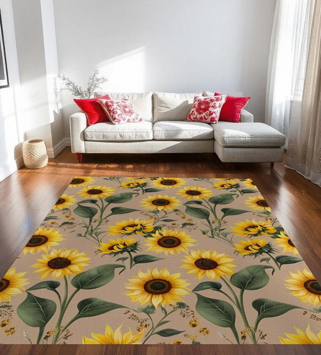 Vintage Sunflower Area Rug: Beige Floral Farmhouse Decor - Etsy