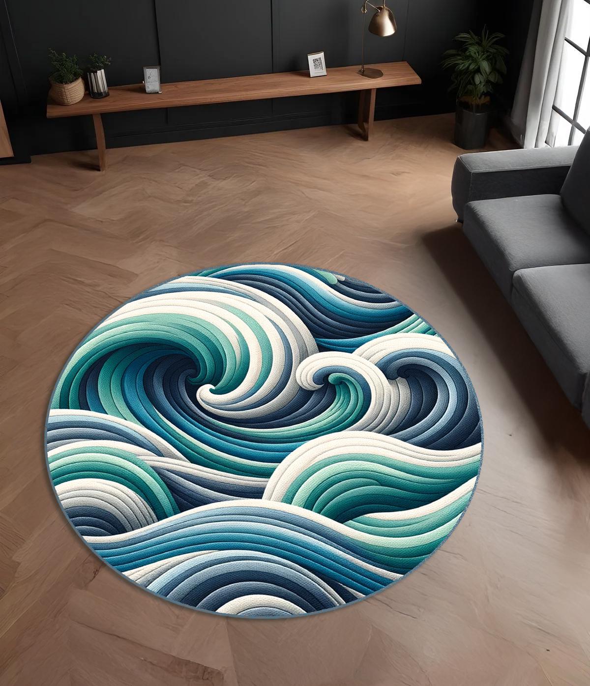 Ocean Waves Round Rug: Coastal Blue Swirl Carpet - Etsy