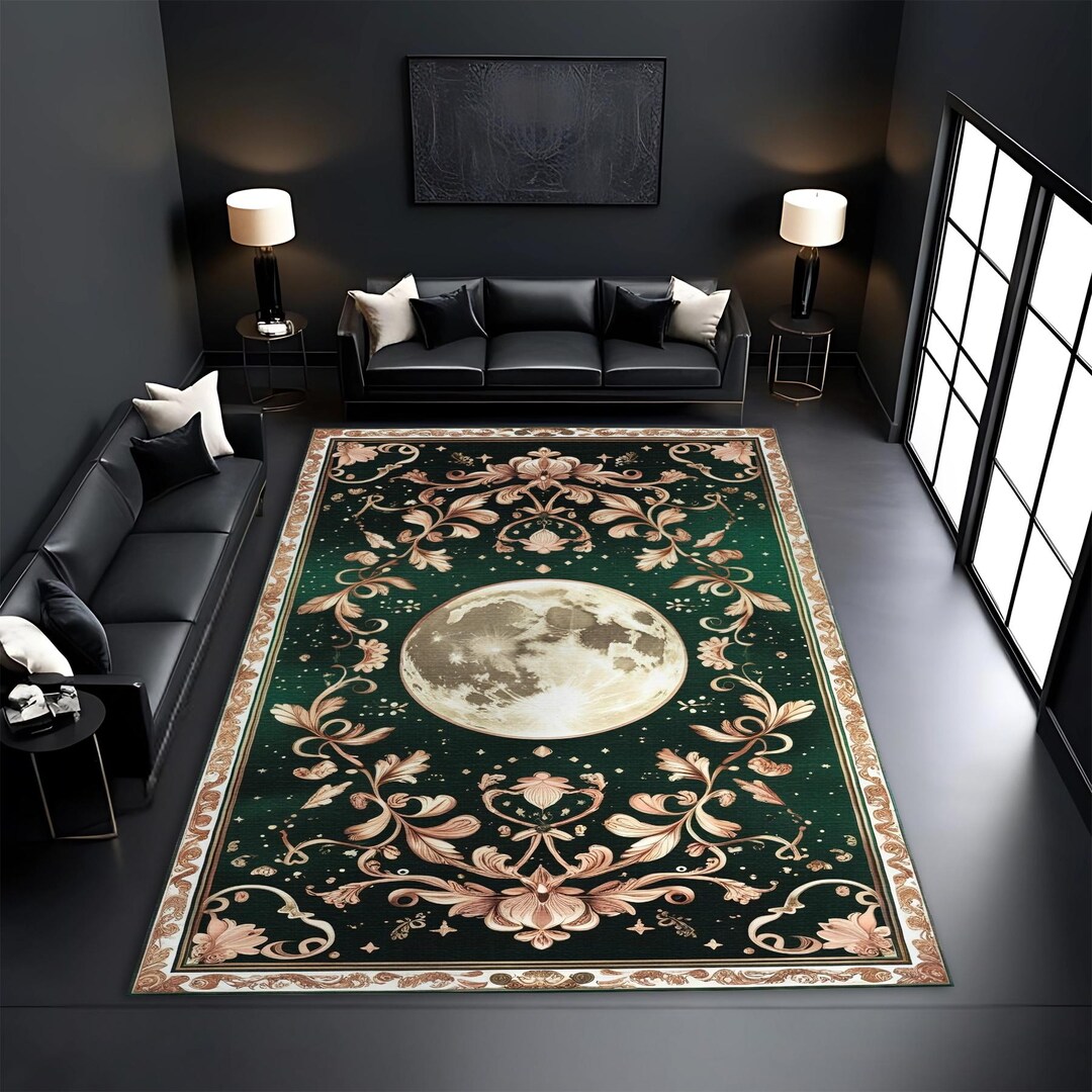 Emerald Moon Area Rug – Night Sky Celestial Botanical Accent for Living ...