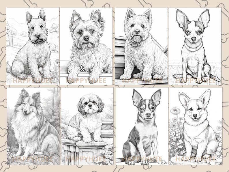 30 Small Dog Breeds Coloring Page Book, for Adults and Kids Grayscale ...