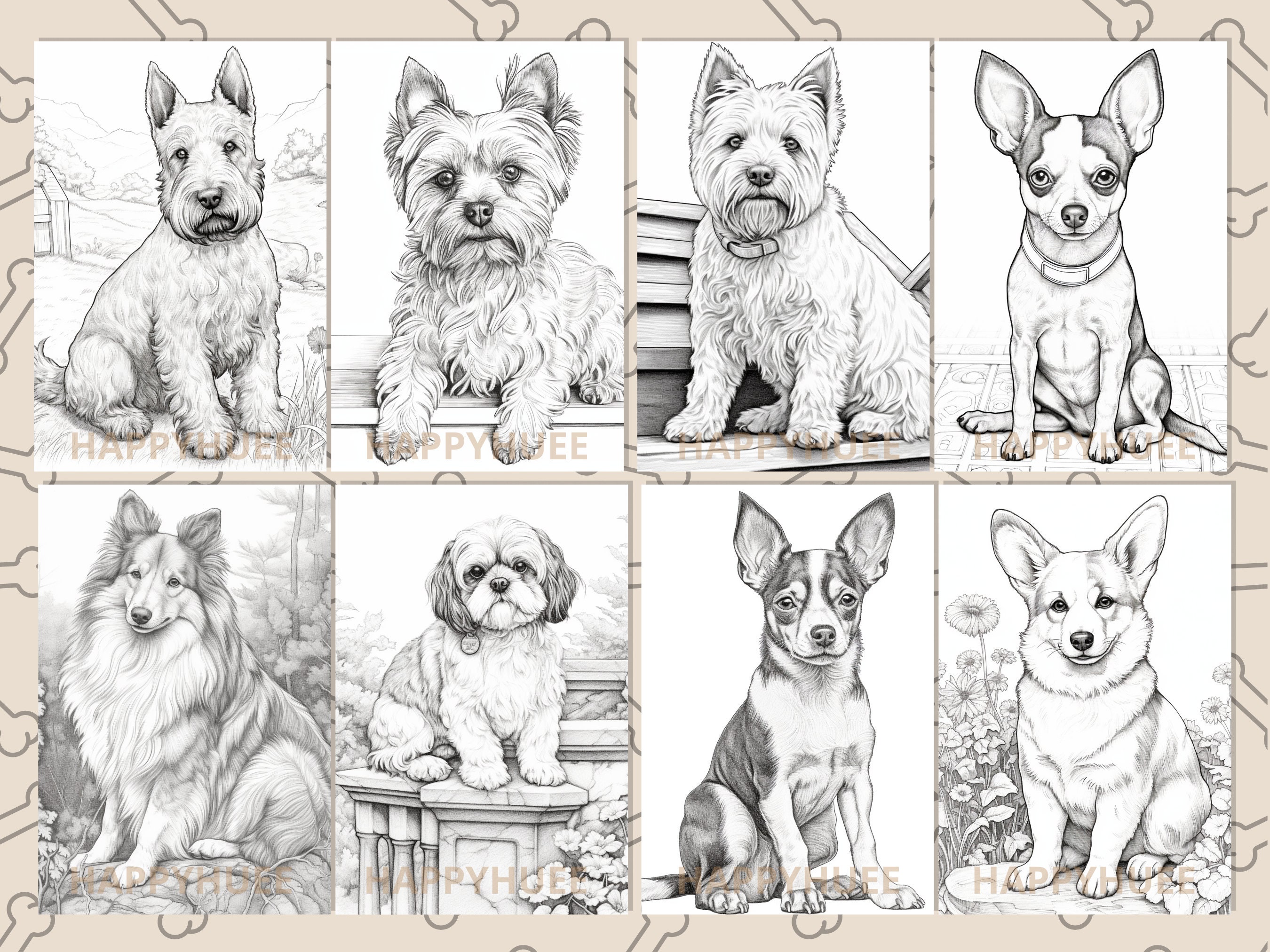 30 Small Dog Breeds Coloring Page Book, for Adults and Kids Grayscale ...