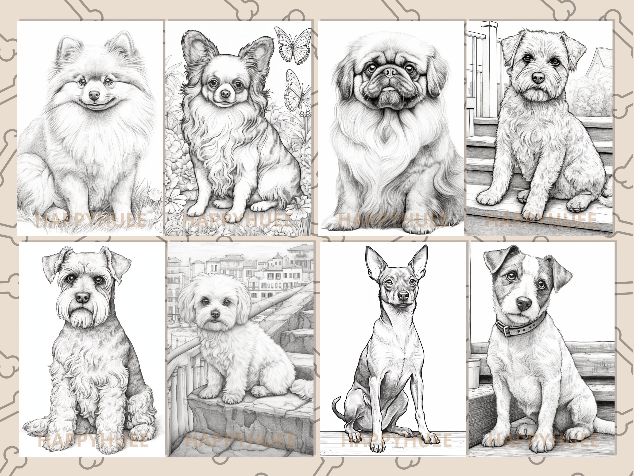 30 Small Dog Breeds Coloring Page Book, for Adults and Kids Grayscale ...