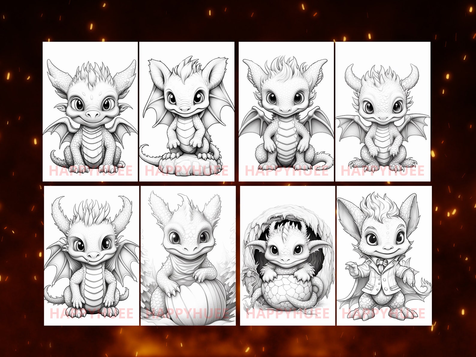 60 Cute Baby Dragons Coloring Page Book for Adults and Kids Grayscale ...
