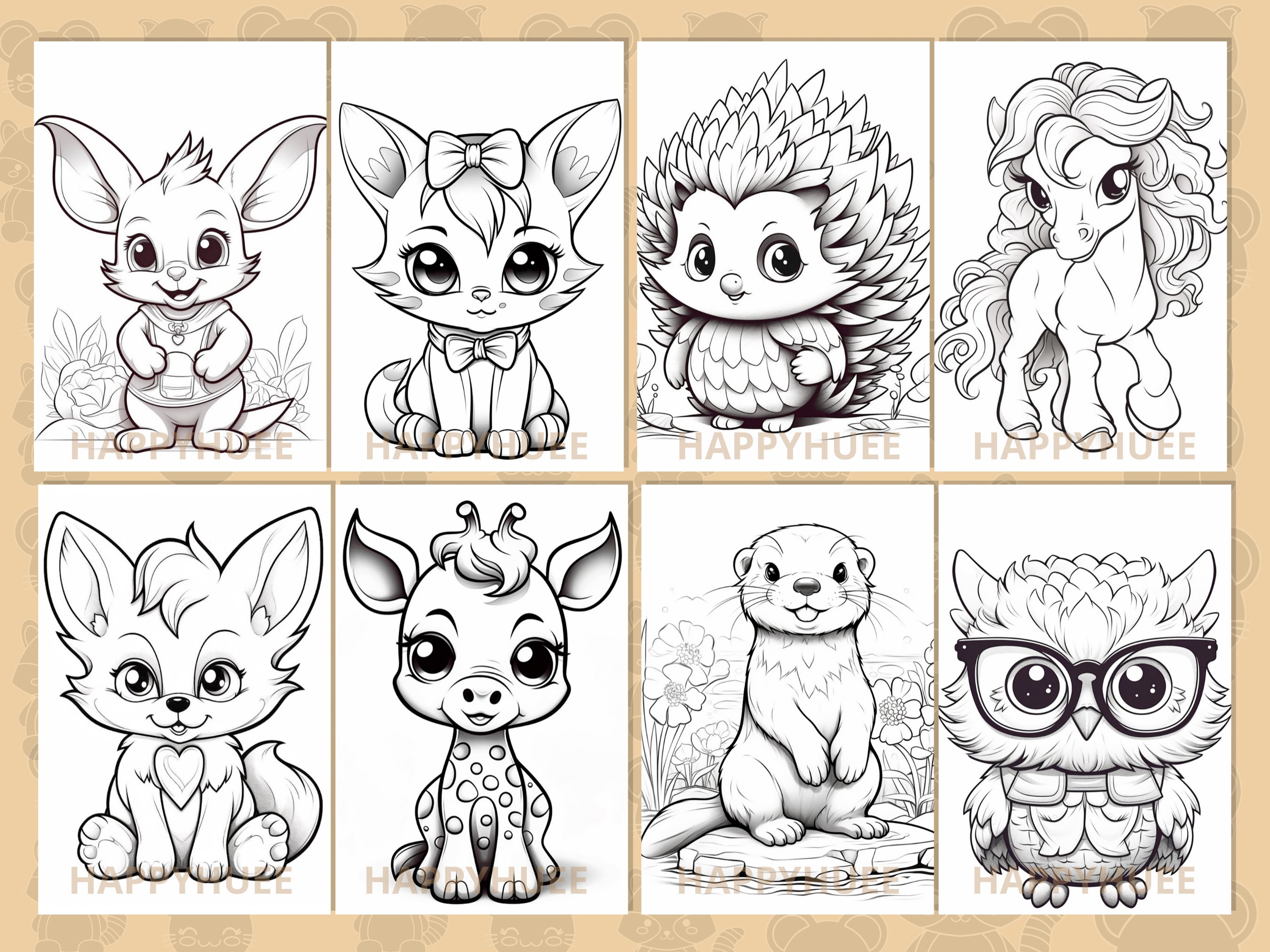 25 Cute Animals Coloring Page Book for Adults and Kids, Grayscale ...