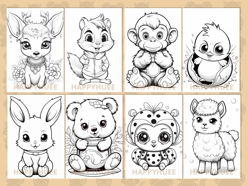 25 Cute Animals Coloring Page Book for Adults and Kids, Grayscale ...