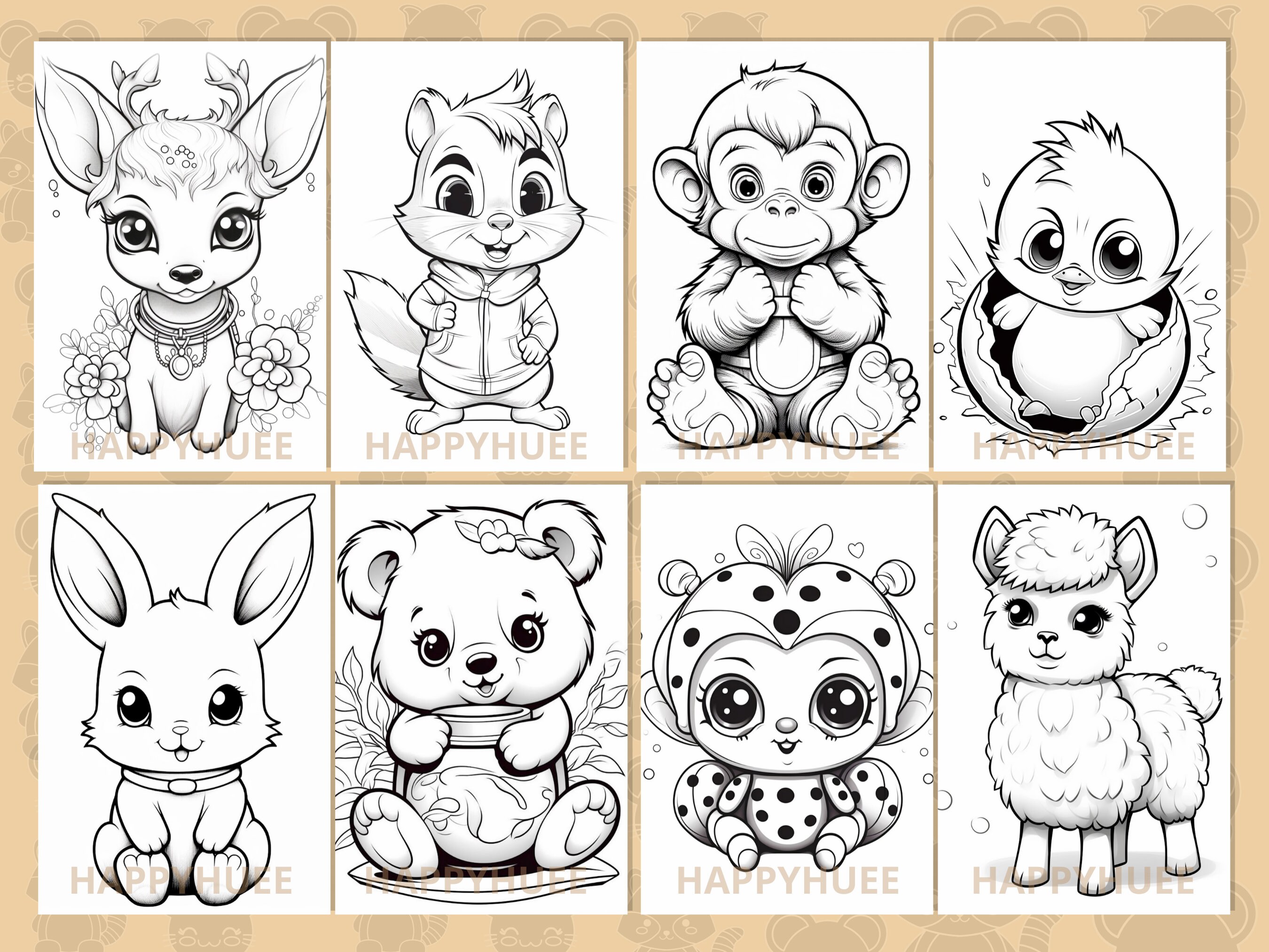 25 Cute Animals Coloring Page Book for Adults and Kids, Grayscale ...