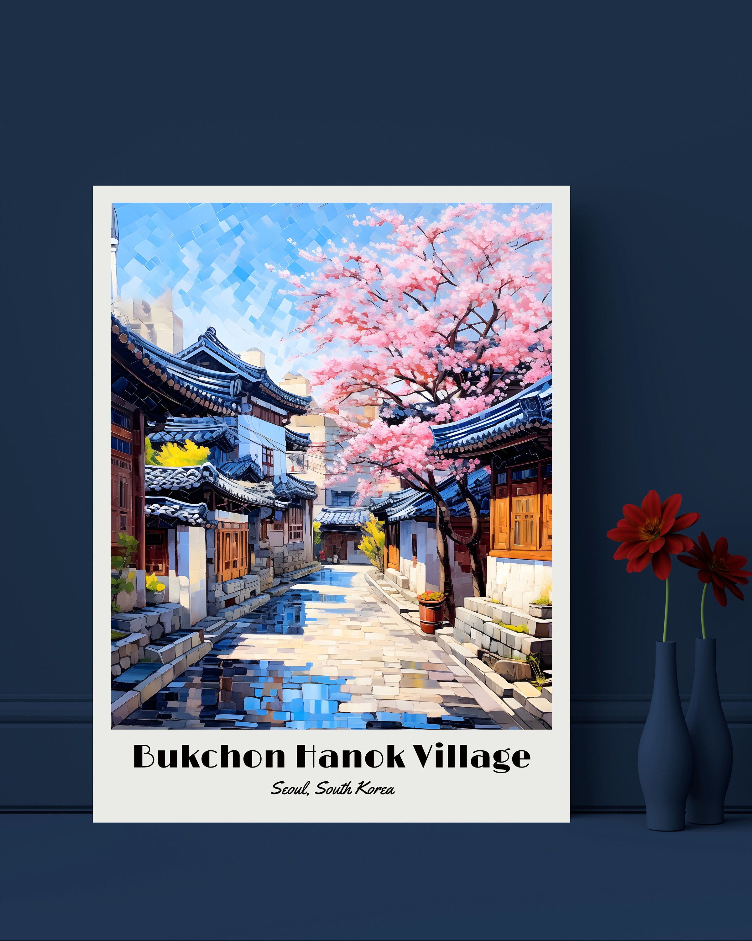Bukchon Hanok Village Poster, Digital Art, Van Gogh Inspired, Travel ...