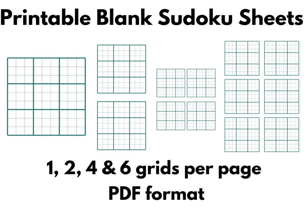 Printable Blank Sudoku Sheets - 1, 2, 4 & 6 Grids - A0, A1, A2, A3, A4, US Letter PDF Formats - Etsy
