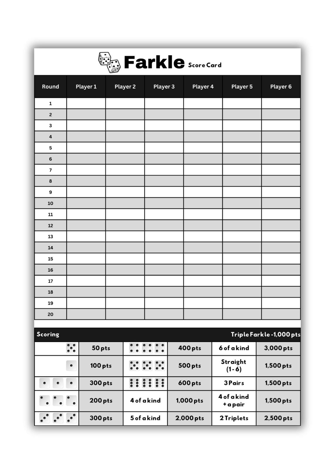 Printable Replacement Score Sheet Compatible With Farkle - A4, A5 & US ...