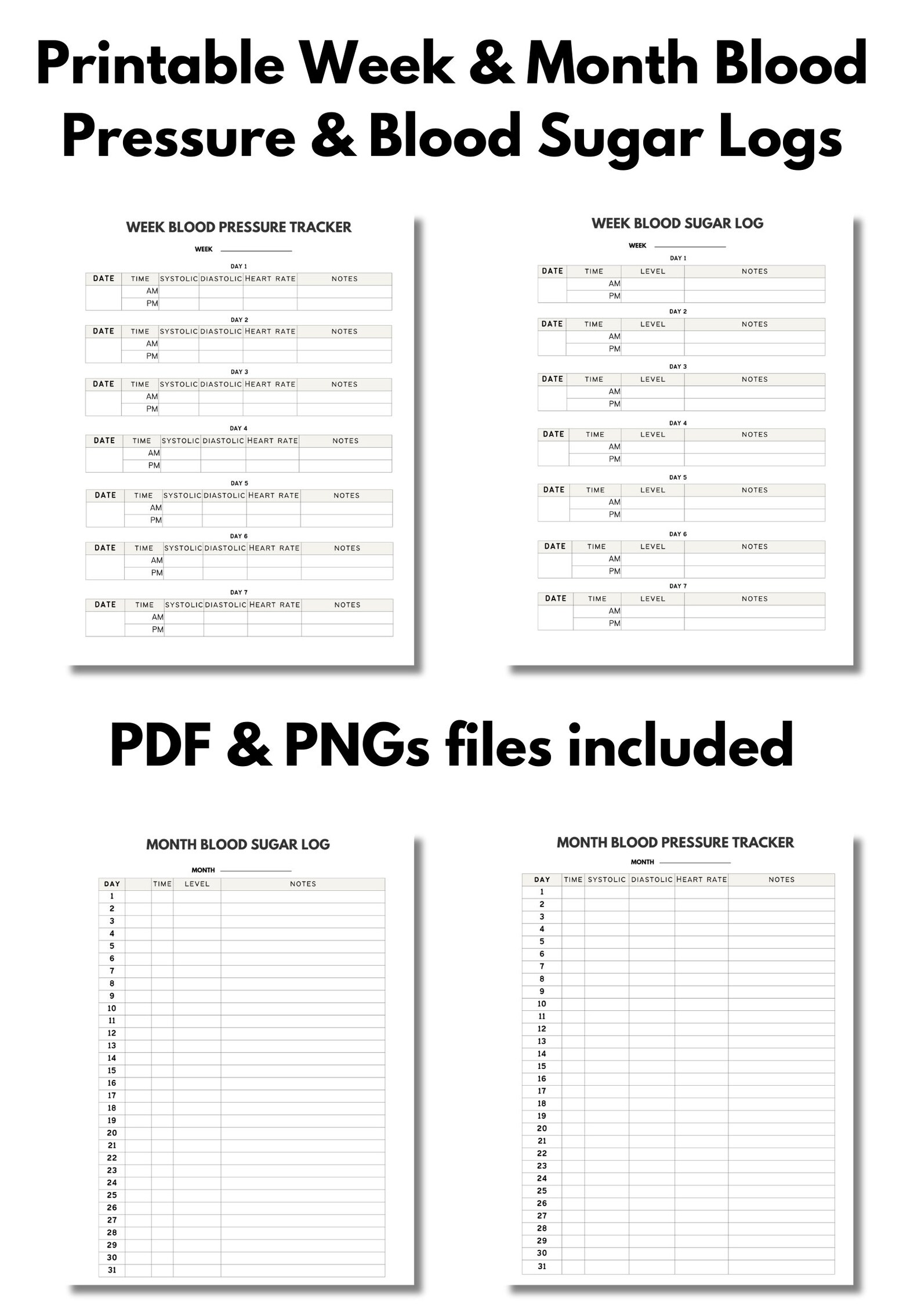 Printable Monthly and Weekly Blood Sugar & Blood Pressure Trackers - A4 ...