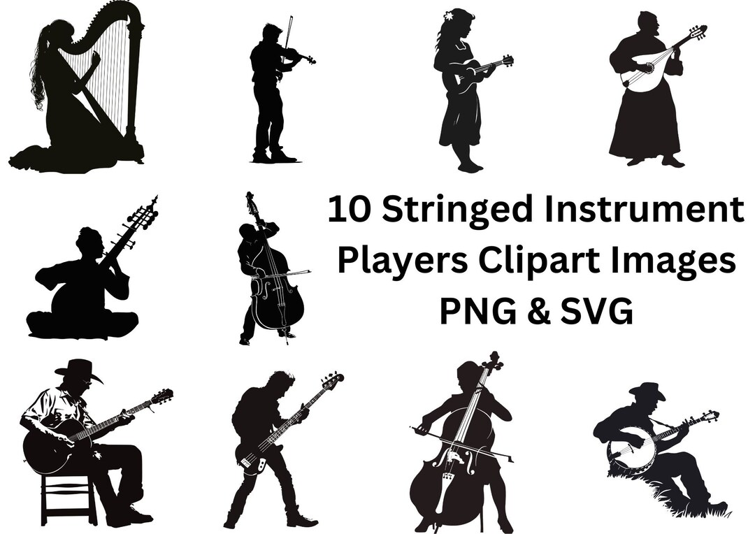 10 Stringed Instrument Silhouette Players Clipart Images Cricut SVG PNG ...