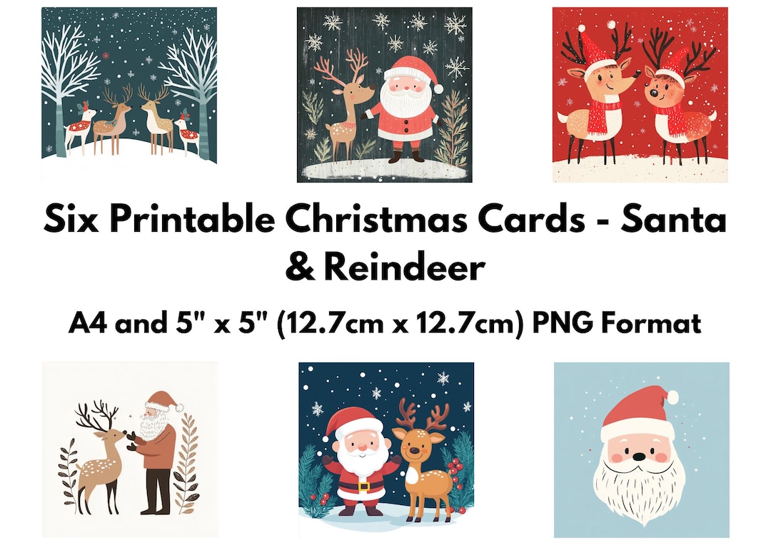 Printable Christmas Cards Santa & Reindeer A4 5 X 5 Pngs - Etsy