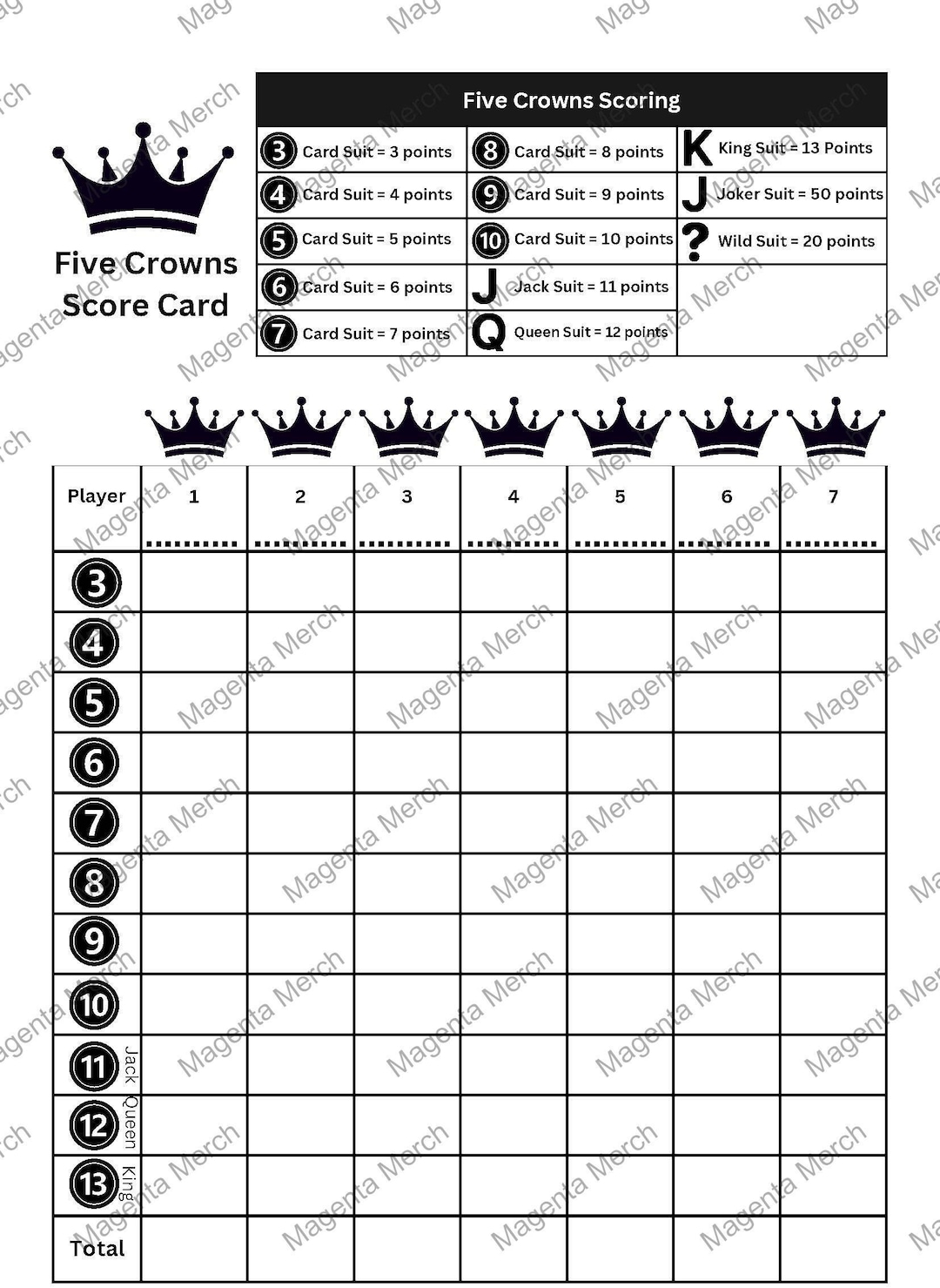 Printable Replacement Score Card Compatible With Five Crowns - A0, A1 ...