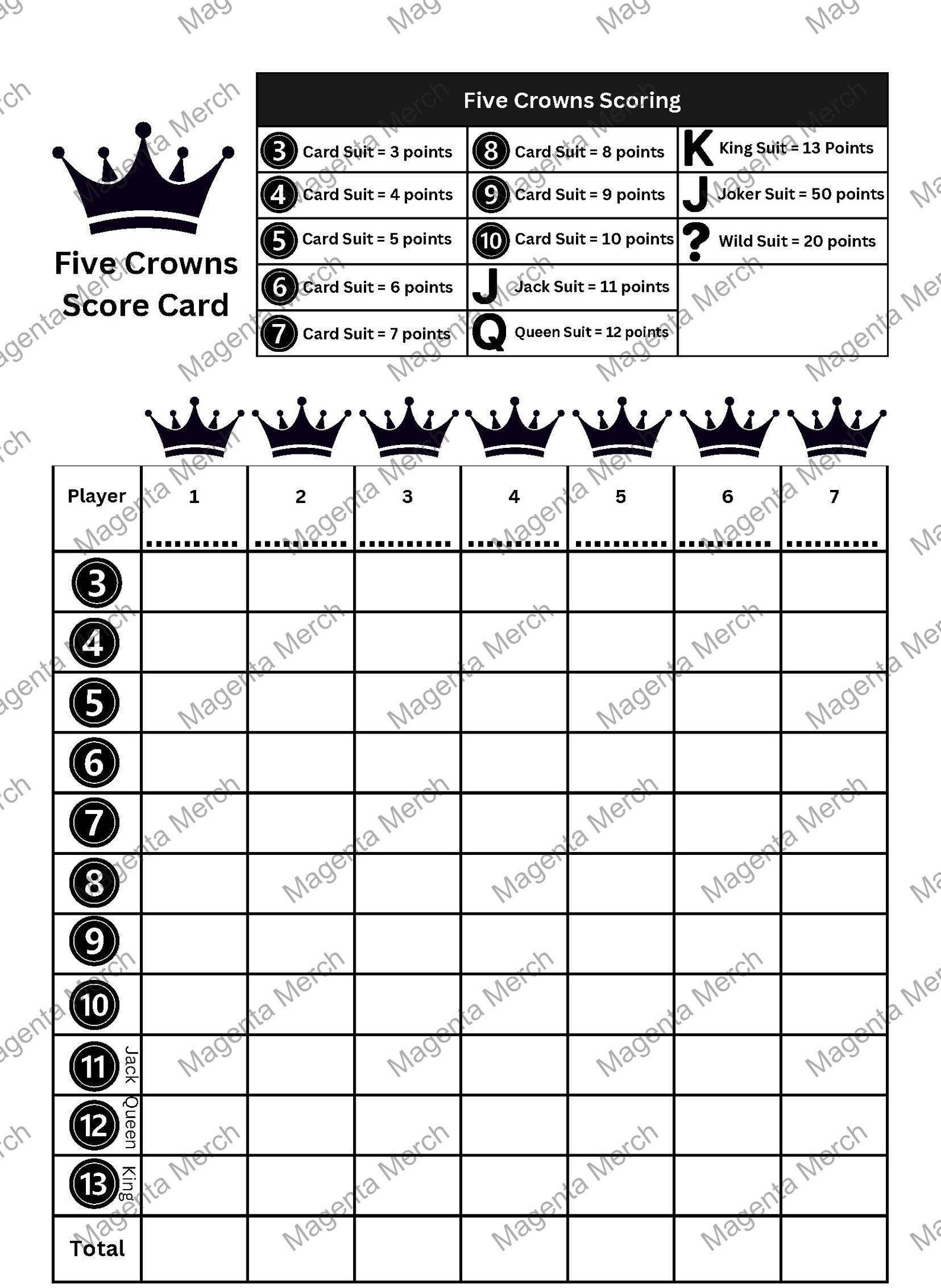 Printable Replacement Score Card Compatible With Five Crowns - A0, A1 ...