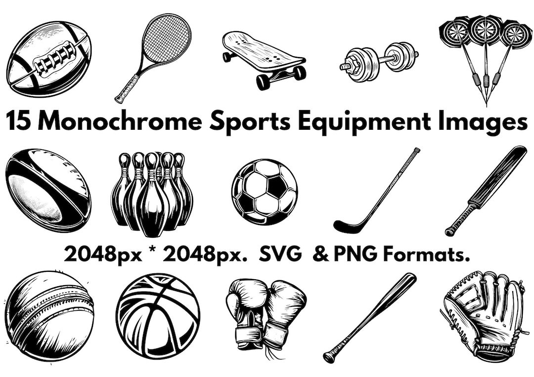 15 Monochrome Sports Equipment Images - SVG & PNG Formats - Etsy