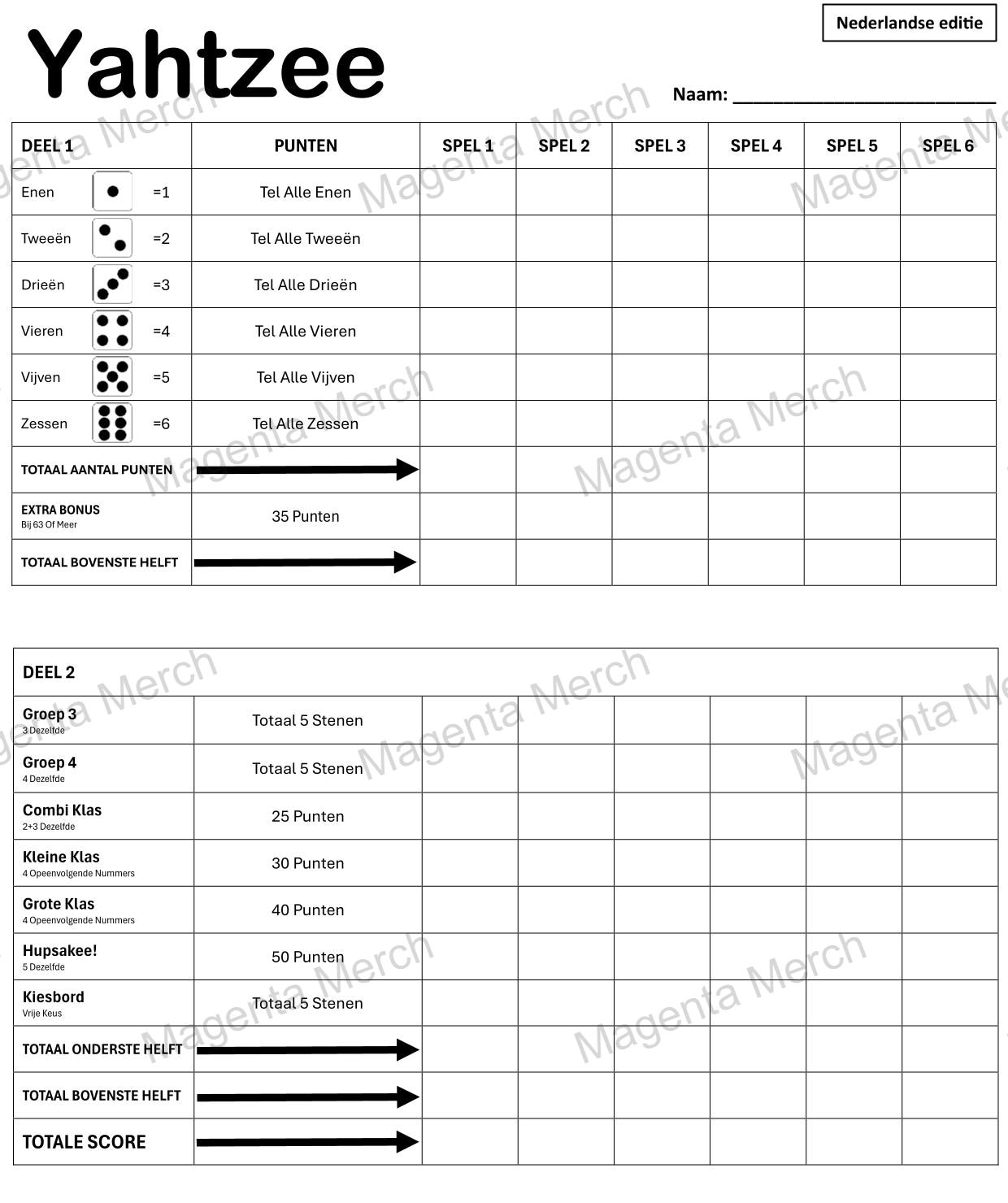 Printable Replacement Score Sheet Compatible With Yahtzee (dutch ...