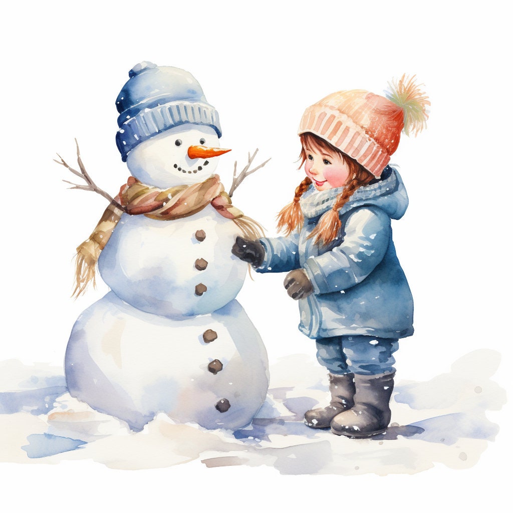 15 Digital Images Children Playing With Snowman in Watercolour - Etsy