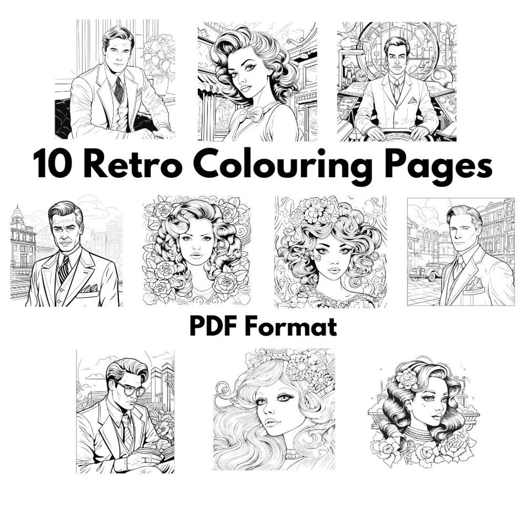 Printable 10 Retro Colouring Pages - A4 PDF Format - Etsy