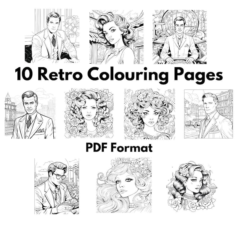 Printable 10 Retro Colouring Pages A4 PDF Format - Etsy