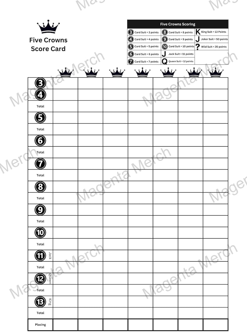 Printable Replacement Score Card Compatible With Five Crowns - A0, A1 ...