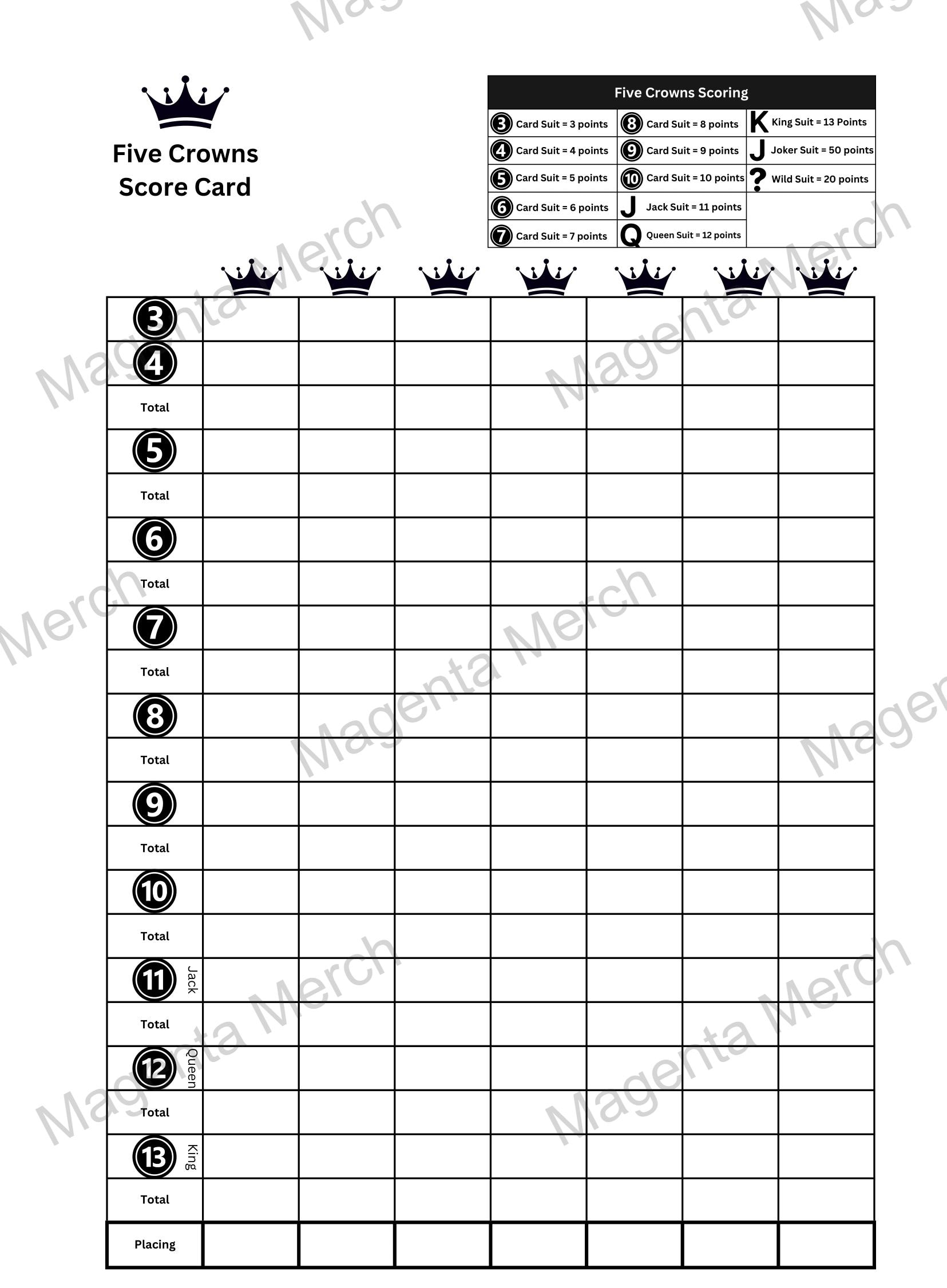 Printable Replacement Score Card Compatible With Five Crowns - A0, A1 ...