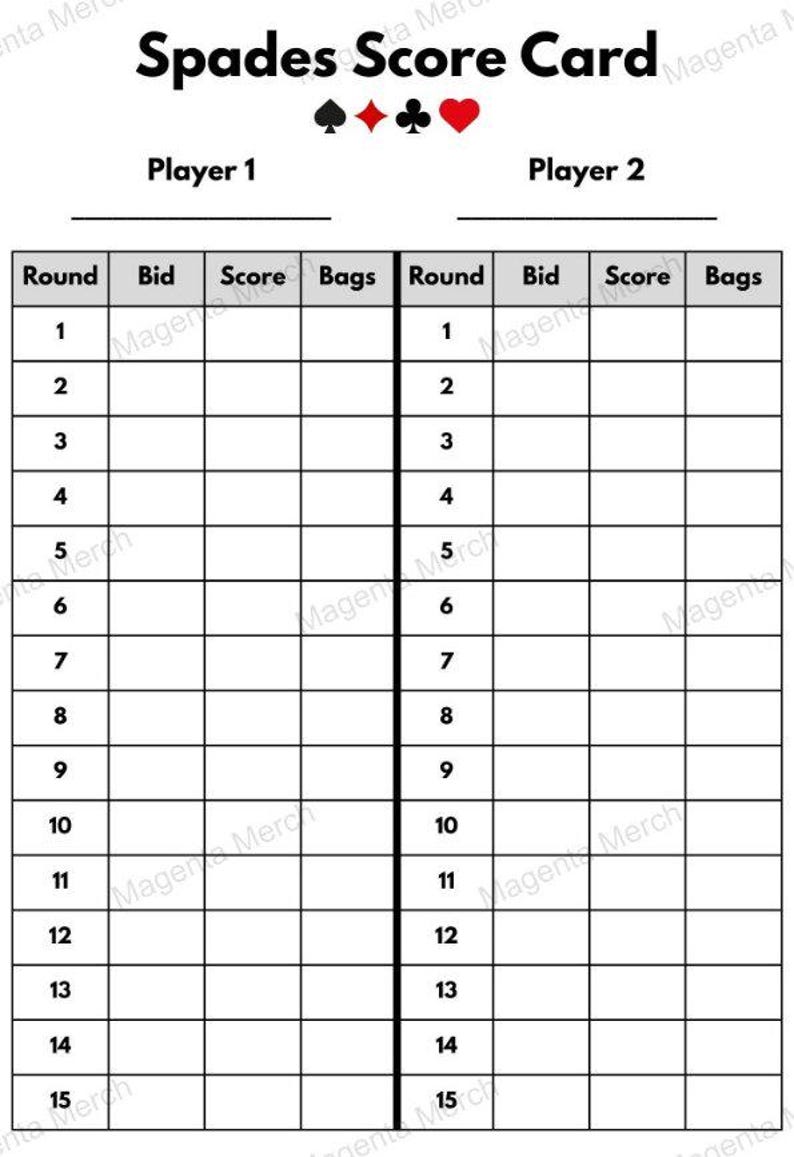 Printable Spades Score Sheet - A4, US Letter & A5 PDF Formats - Etsy