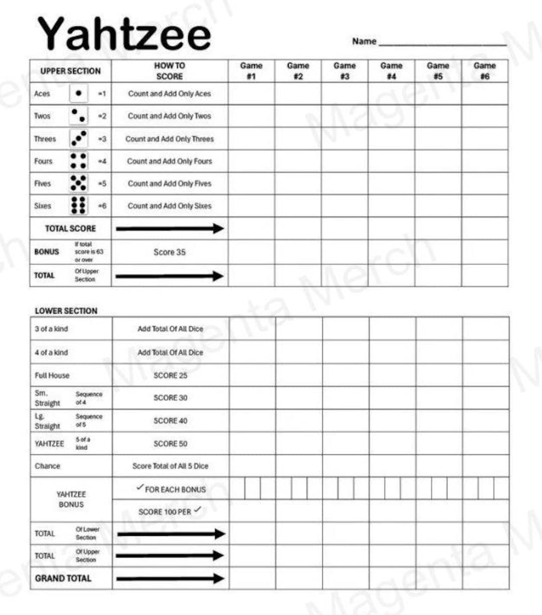 Printable Replacement Score Sheet Compatible With Yahtzee - A4, A5 & US ...