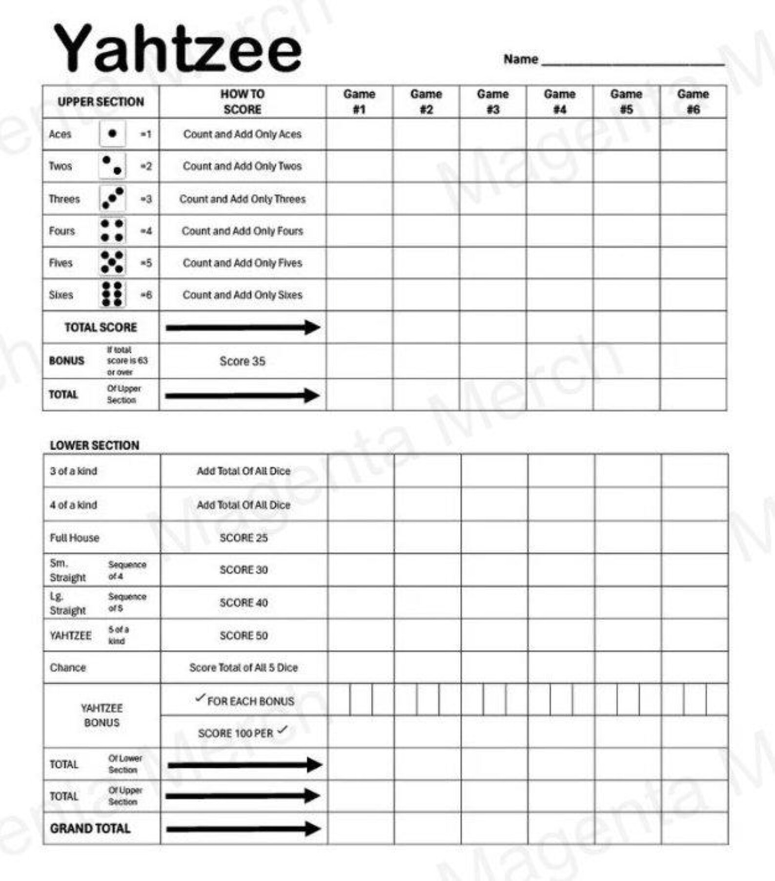 Printable Replacement Score Sheet Compatible With Yahtzee - A4, A5 & US ...