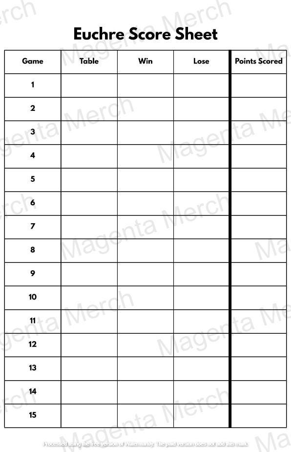Printable Replacement Score Sheet Compatible With Euchre - A4, A5 & US ...