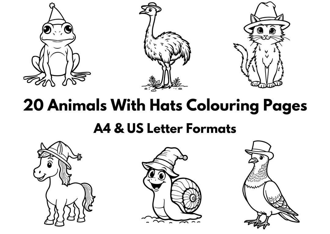 20 Printable Animals With Hats Colouring Pages - A4 & US Letter PDF - Etsy