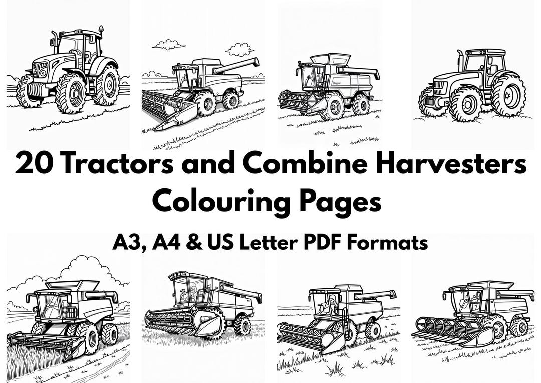 20 Tractors and Combine Harvesters Colouring Pages - A3, A4 & US Letter ...