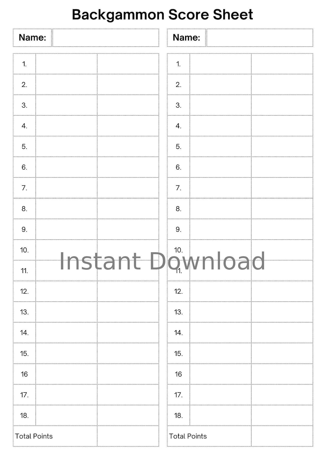 Printable Replacement Score Sheet Compatible With Backgammon - A4 & US ...