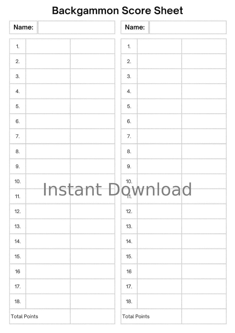 Printable Replacement Score Sheet Compatible With Backgammon - A4 & US ...