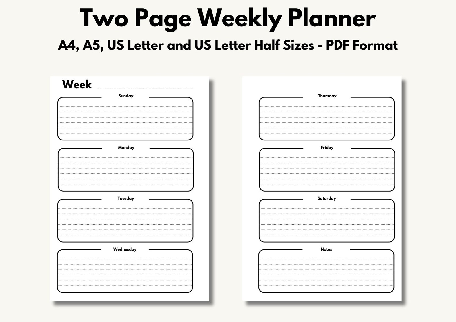 Printable Two Page Weekly Planner - A4, A5, US Letter & US Half Size ...