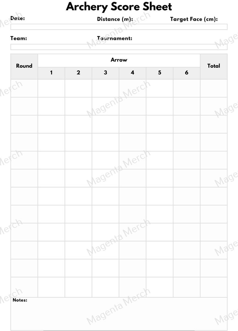 Printable Replacement Score Sheet for Archery - A4 & US Letter Formats ...