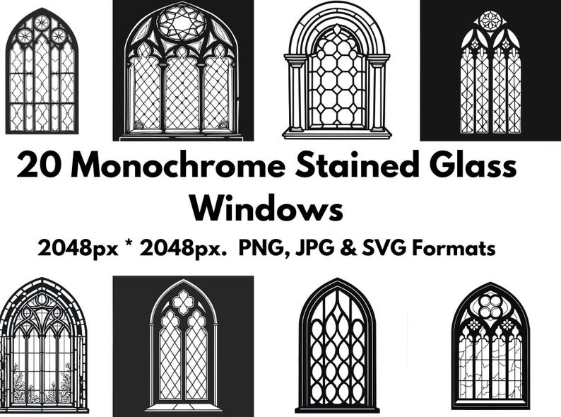 20 Monochrome Stained Glass Windows - PNG, JPG & SVG Formats - Etsy