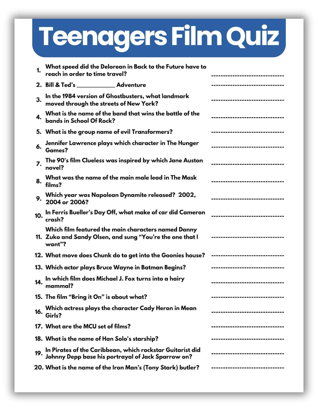 Printable Teenagers Film Quiz - A4 & US Letter Formats - Etsy