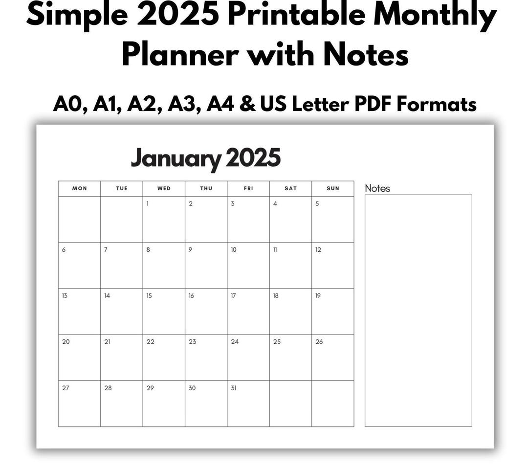 Einfacher 2025 Kalender zum Ausdrucken mit Notizen A0, A1, A2, A3, A4 ...