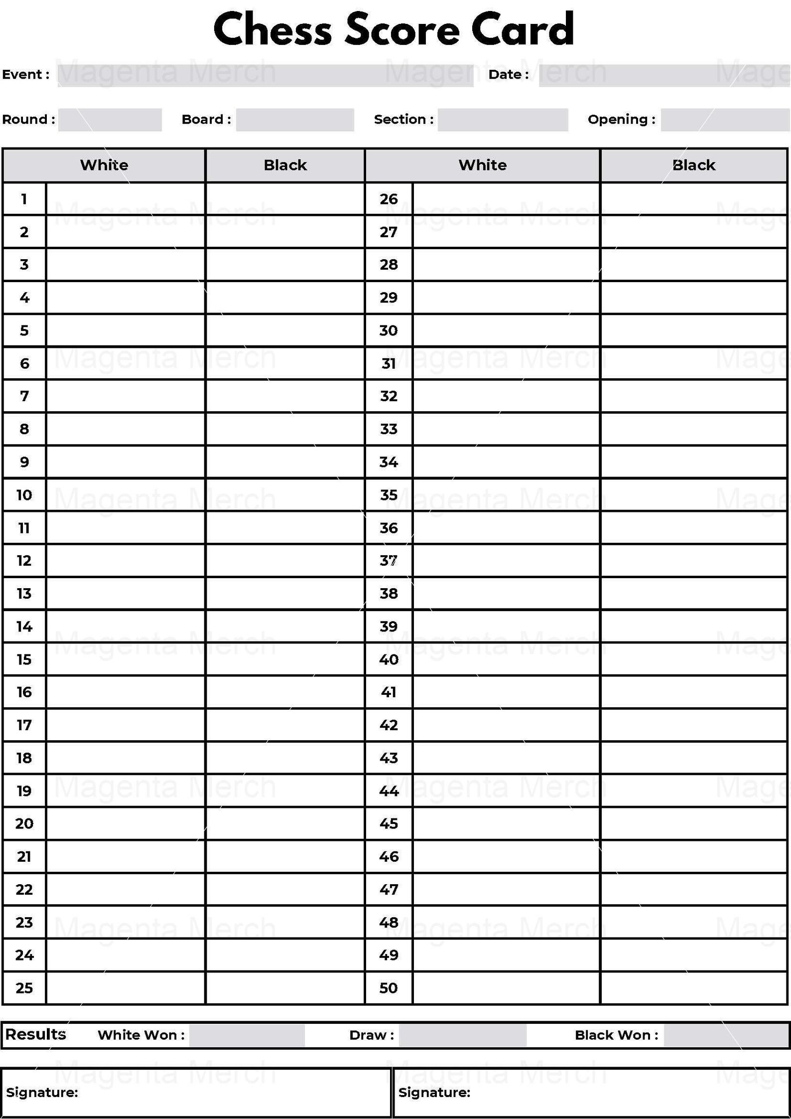 Printable Replacement Score Card for Chess - A4 & US Letter Pdfs - Etsy