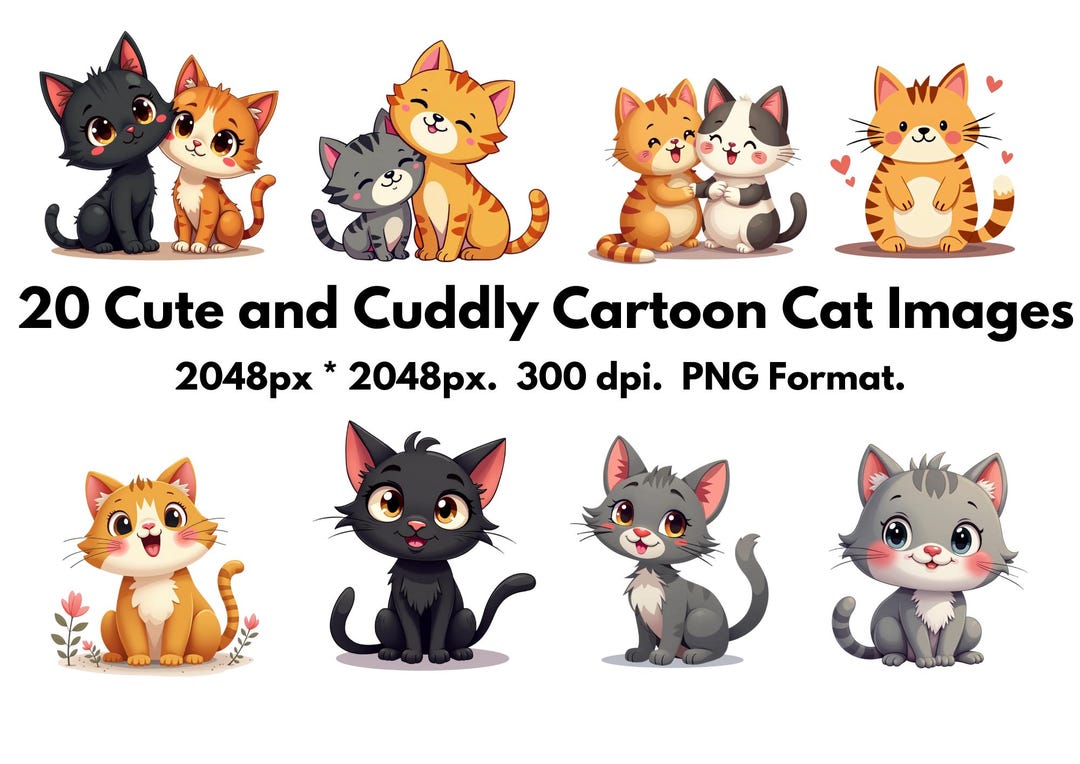 20 Cute and Cuddly Cartoon Cats - PNG Format - Etsy