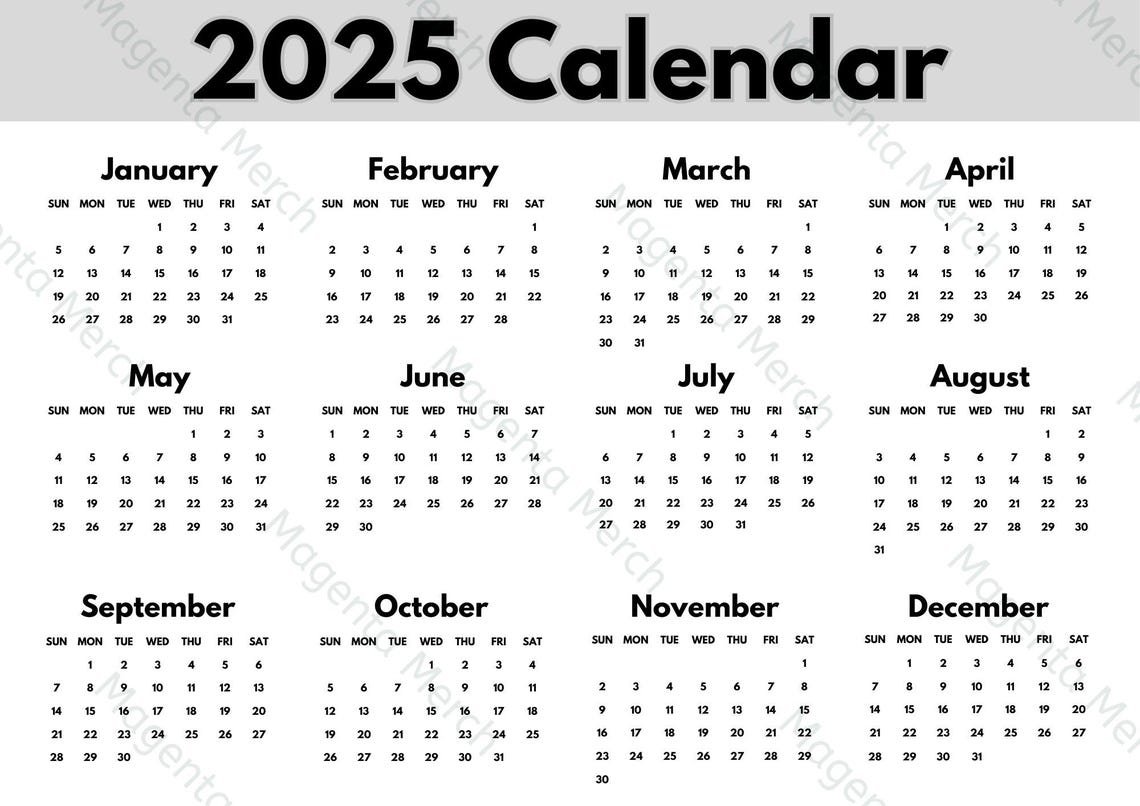 Simple 2025 Printable Calendar - A0, A1, A2, A3, A4 & US Letter PDF ...