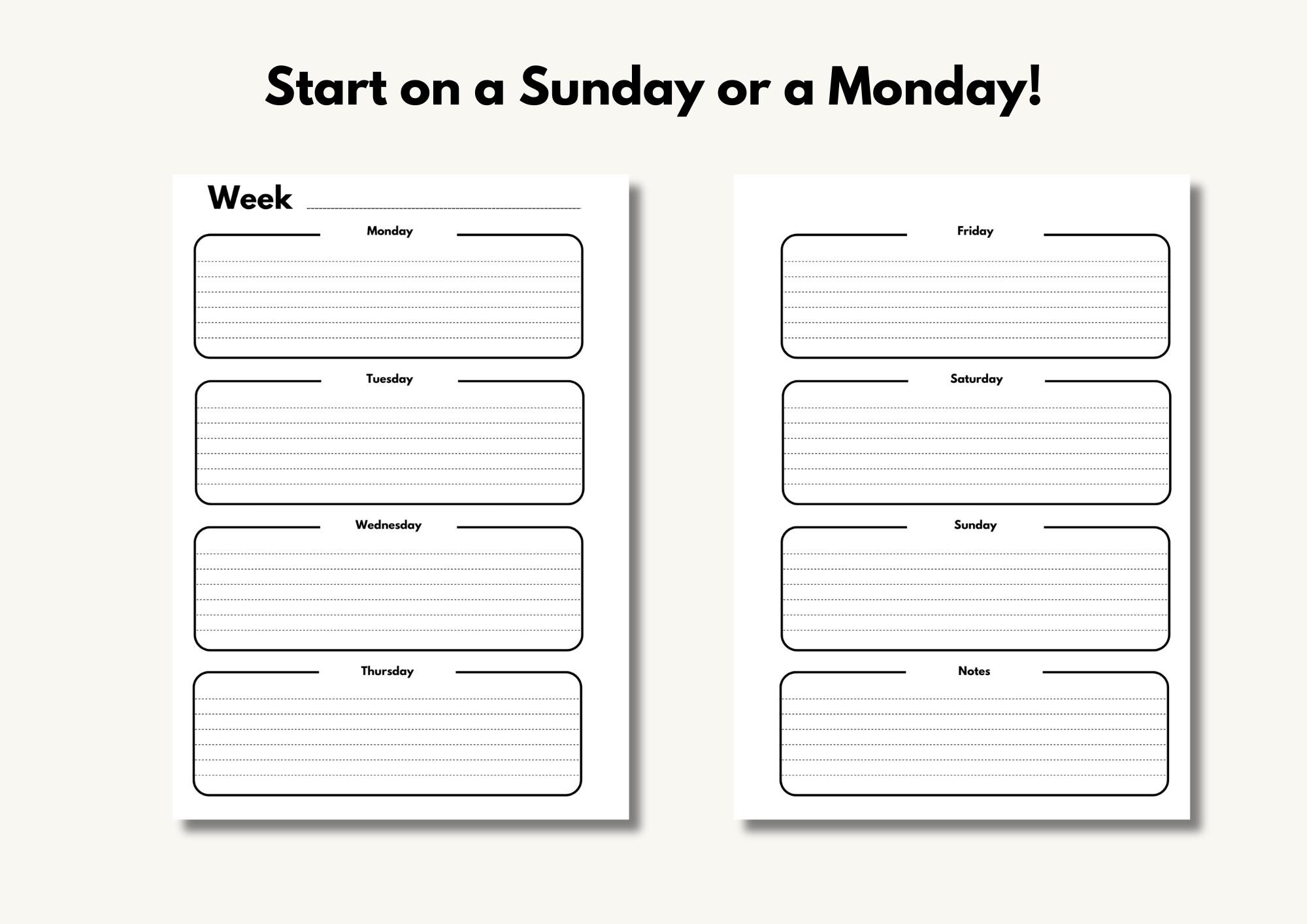 Printable Two Page Weekly Planner - A4, A5, US Letter & US Half Size ...