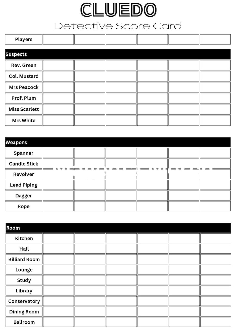 Printable Replacement Score Sheets Compatible With Clue & Cluedo - A4 ...