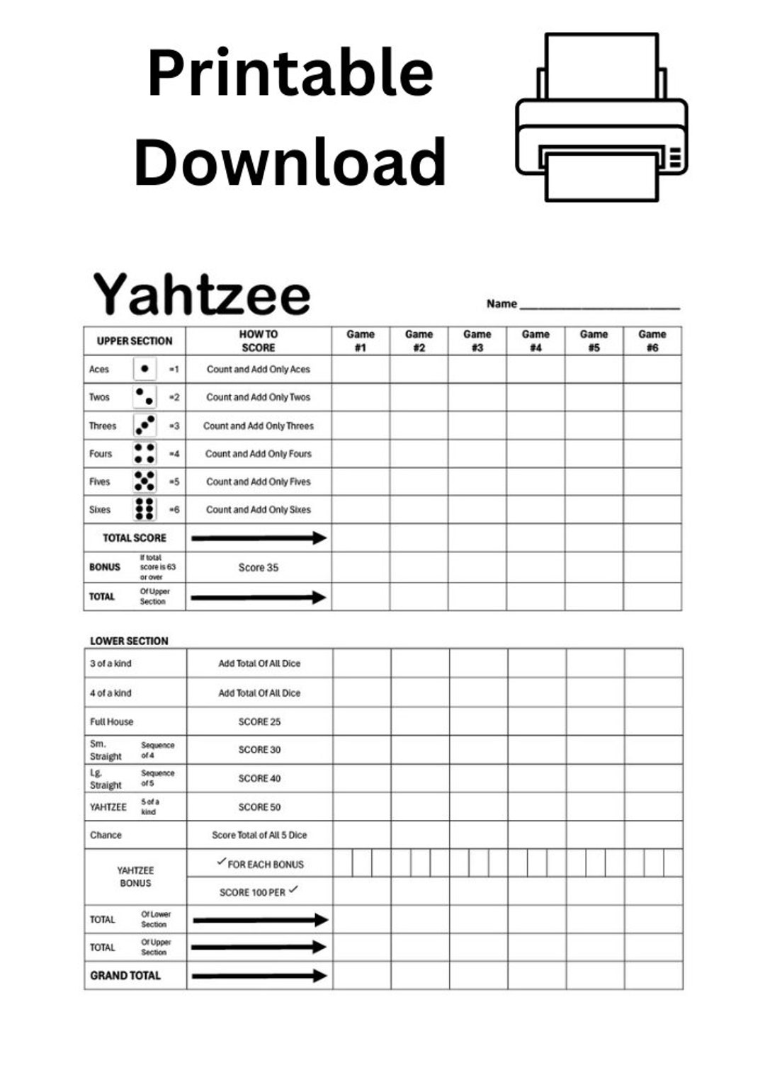 Printable Replacement Score Sheet Compatible With Yahtzee - A4, A5 & US ...