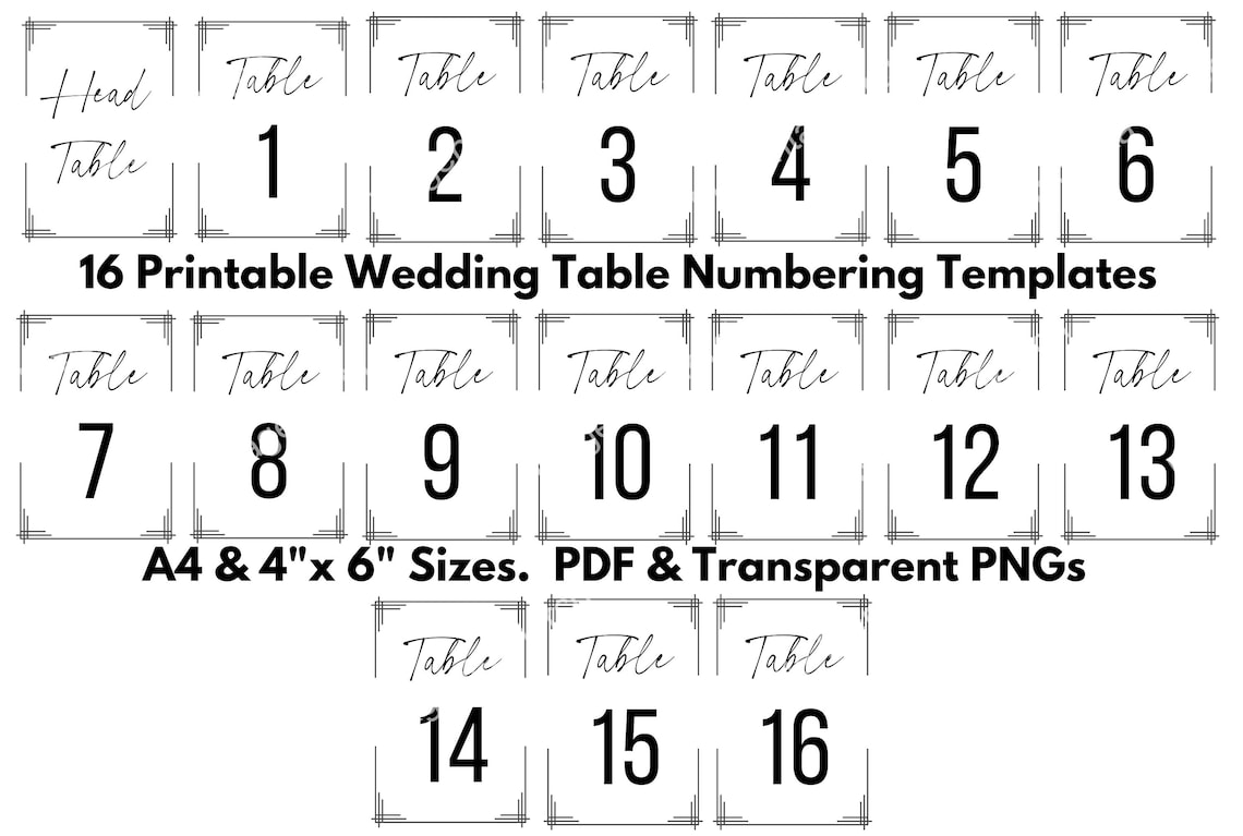 Printable Wedding Table Numbering - A4 & 4" X 6" PDF and PNG Formats - Etsy