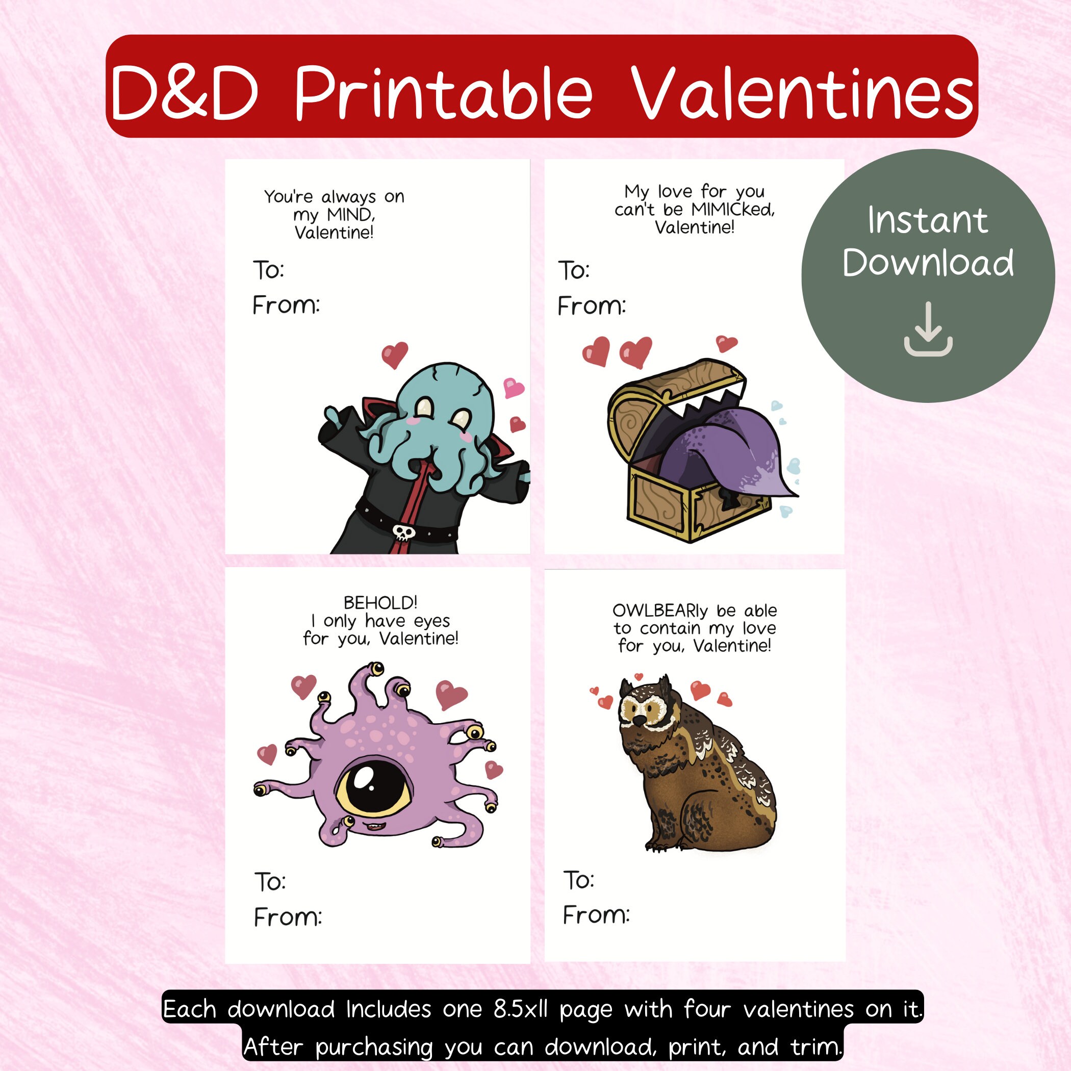 D&D Printable Valentines Mind Flayer Beholder D20 Mimic Owlbear Cute ...