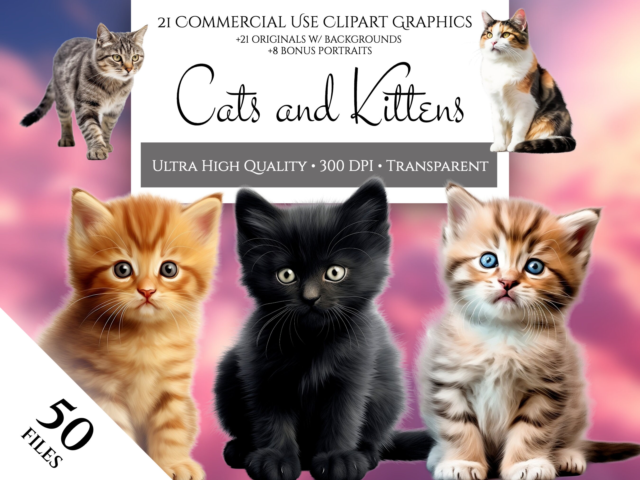 Cats and Kittens Clipart Pack, Clipart for Commercial Use, Transparent ...
