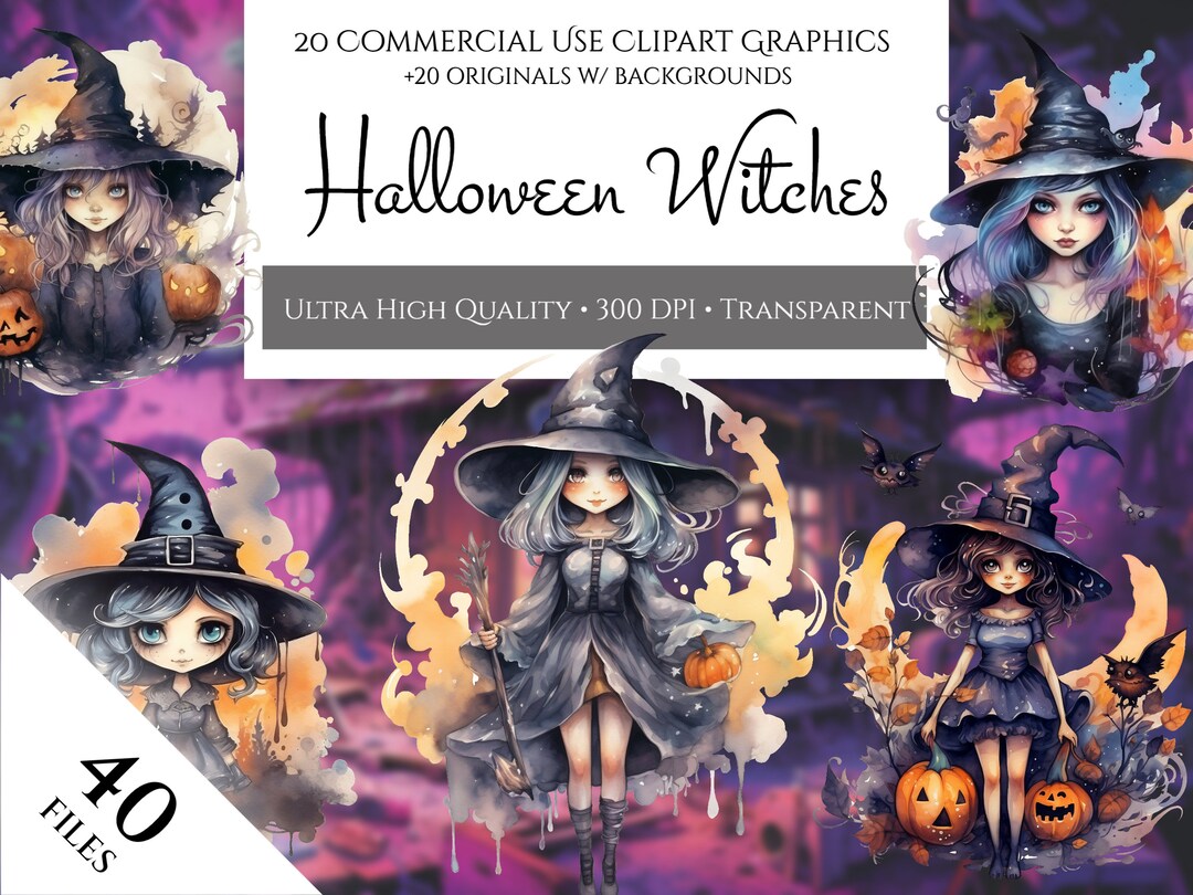 Halloween Witches Clipart Pack, PNG Watercolor Magic Witch for ...